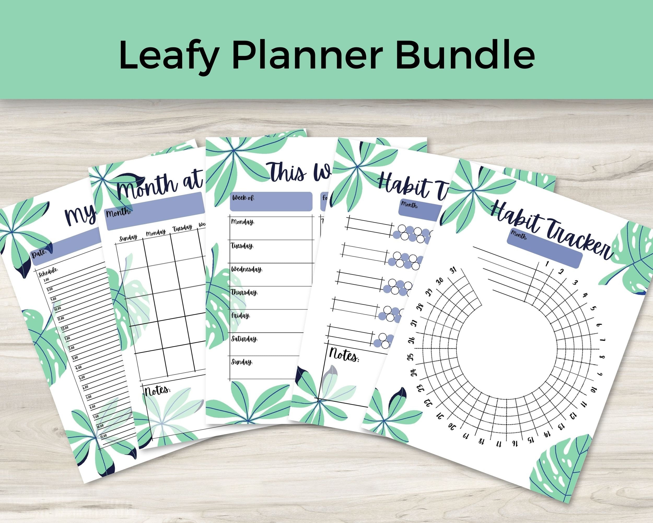 Planner Bundle Printable Pack | Leafy Style, Daily, Weekly, and Monthly ...