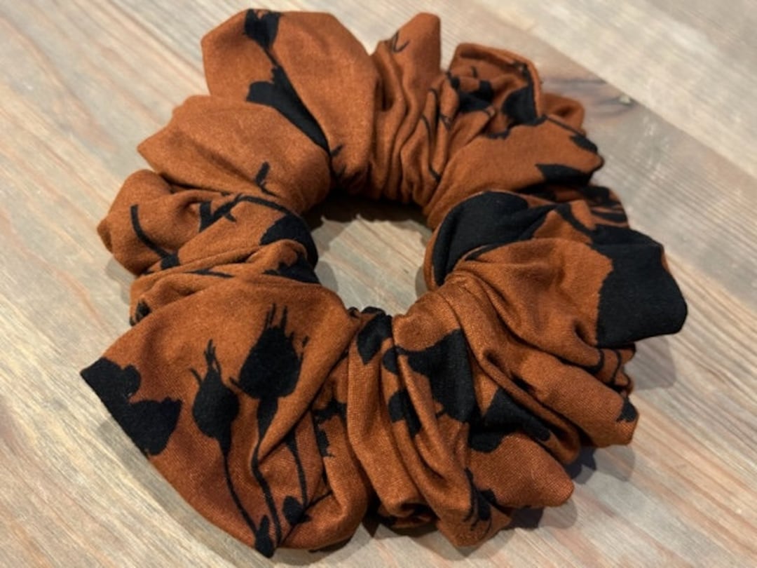 Brown With Black Floral Outline, XL Scrunchie, Oversize Scrunchie, Hair ...