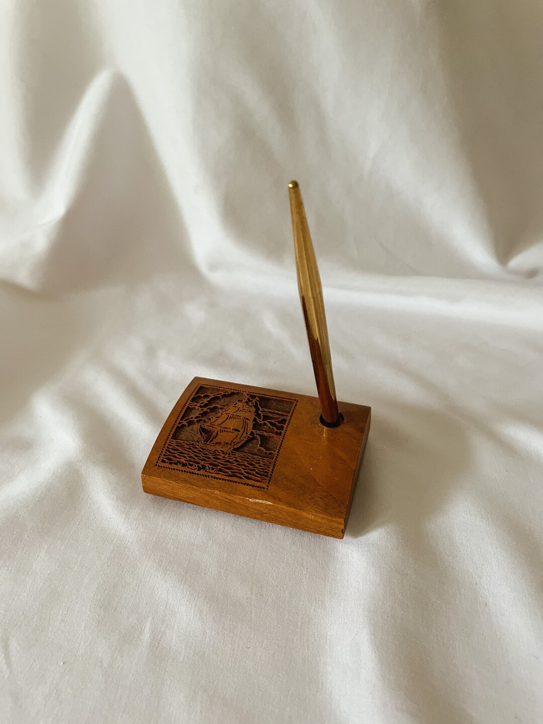 Vintage Wooden Pen Holder With Ship Carved Into Base - Etsy