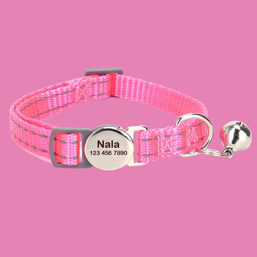 Reflective Personalized Cat Collar With Bell, Engraved Nylon Pink Cat ...