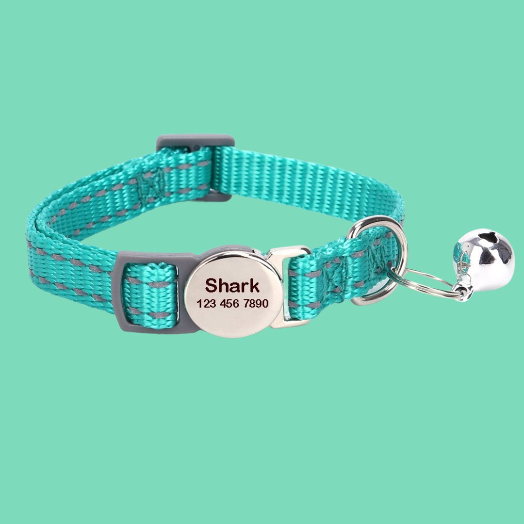 Reflective Personalized Blue Cat Collar With Bell, Engraved Nylon Cat ...
