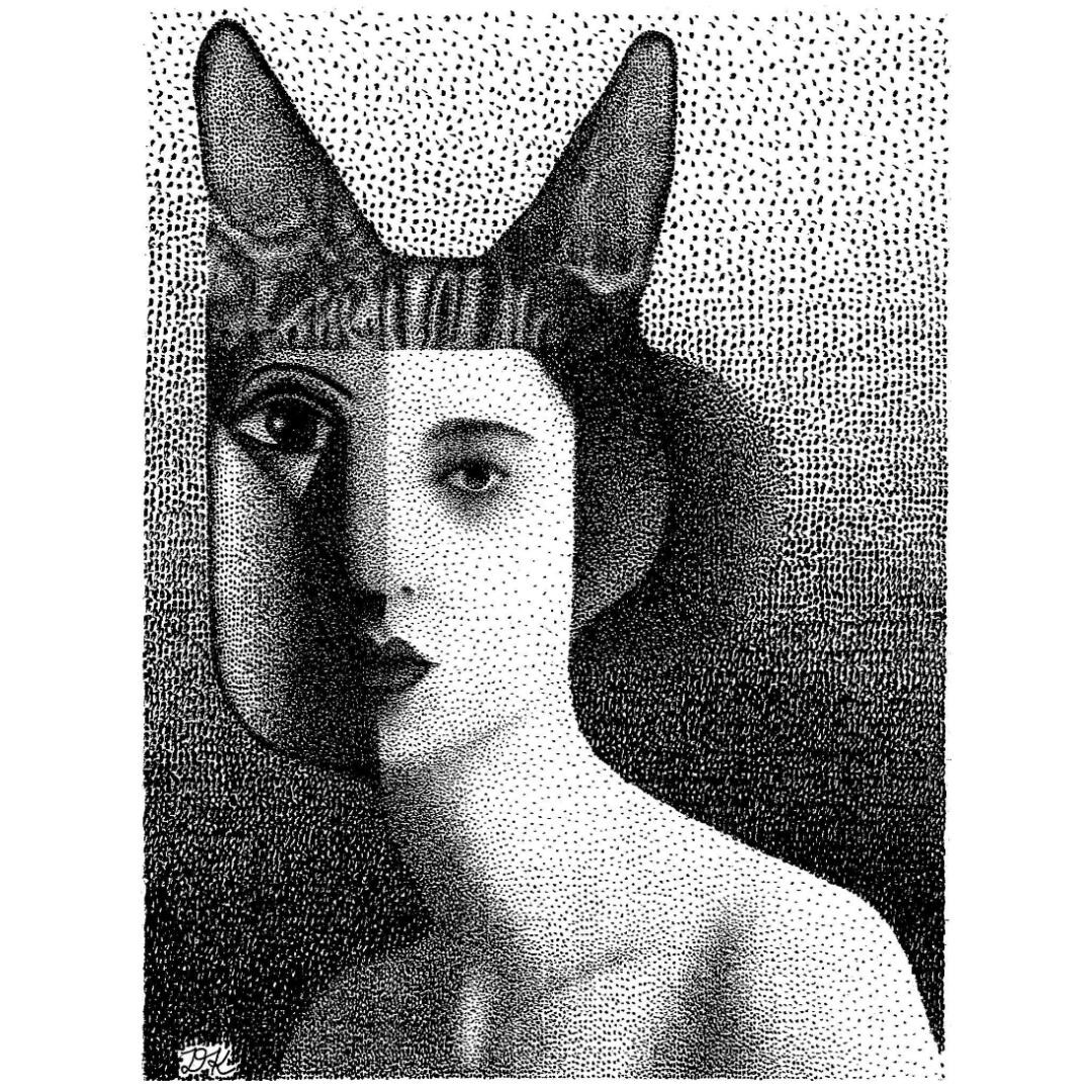 Cat Woman Stipple Art, Abstract Surreal Portrait, Original Ink Drawing ...