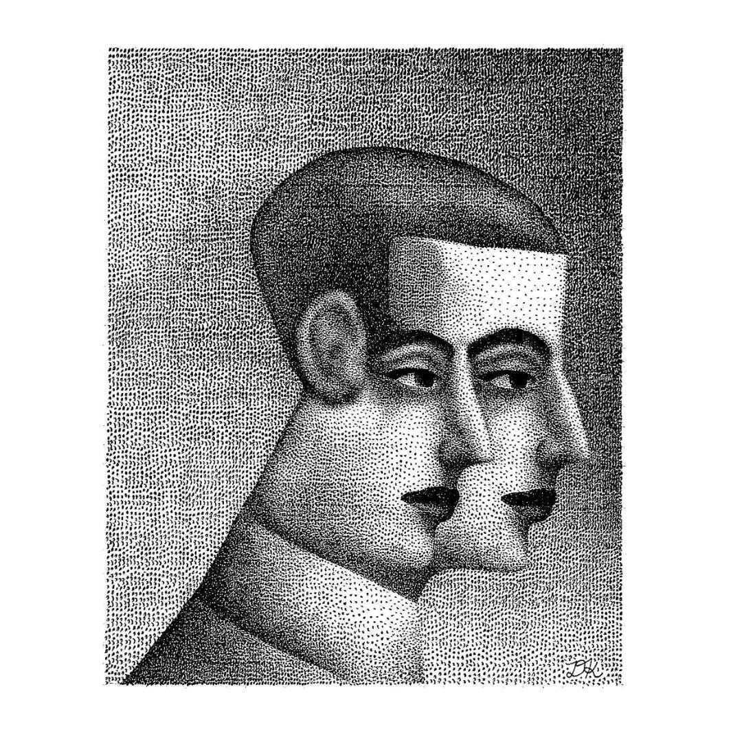 Double Face Man Stipple Art, Abstract Surreal Portrait, Original Ink ...