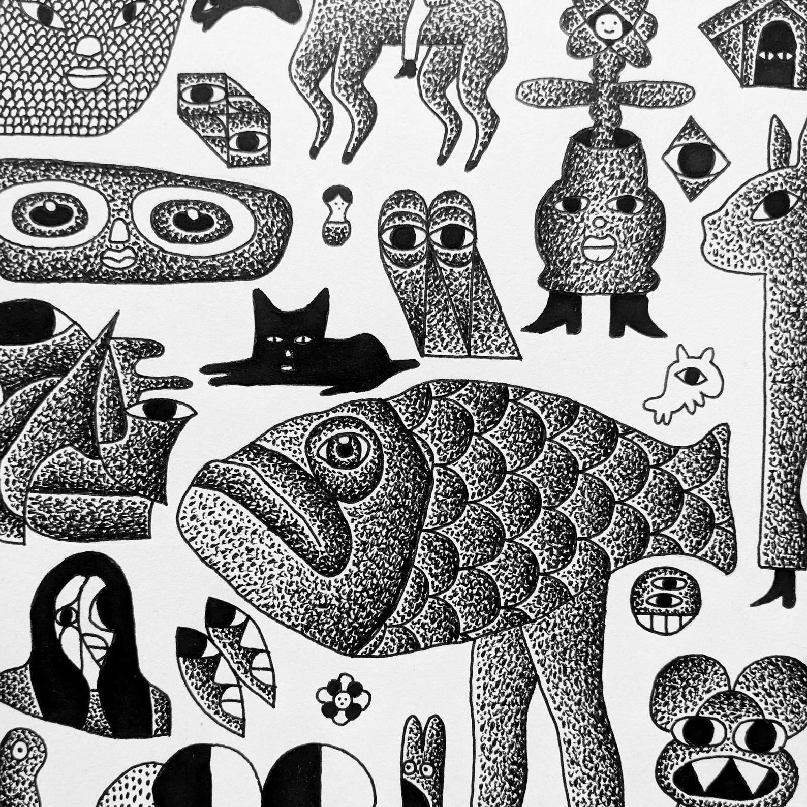 Page of Characters Stipple Art, Abstract Surreal Flash, Original Ink ...