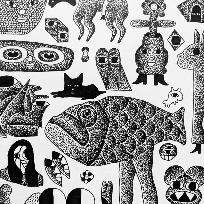 Page of Characters Stipple Art, Abstract Surreal Flash, Original Ink ...