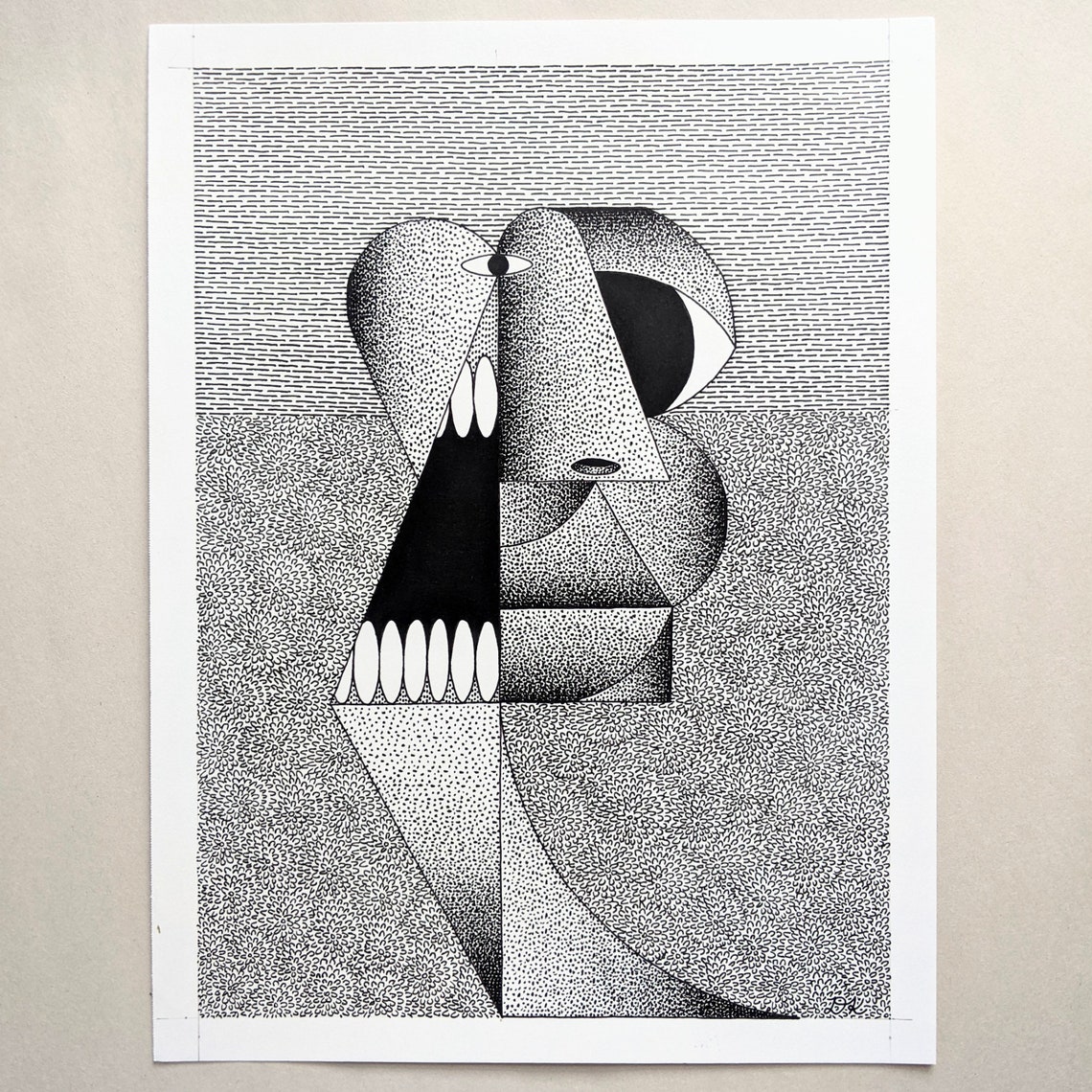 Cubist Style Stipple Portrait, Original Ink Drawing, Unique Abstract ...