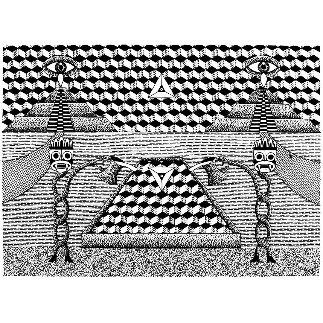 Aztec Pyramid Stipple Art, Abstract Surreal Landscape, Original Ink ...