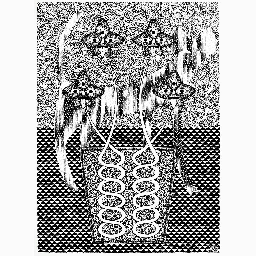 Cat Lotus Flower Stipple Art, Abstract Surreal Landscape, Original Ink ...