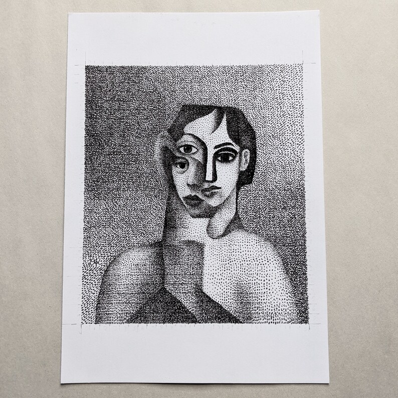 Cubist Woman Stipple Portrait, Original Ink Drawing, Unique Abstract ...