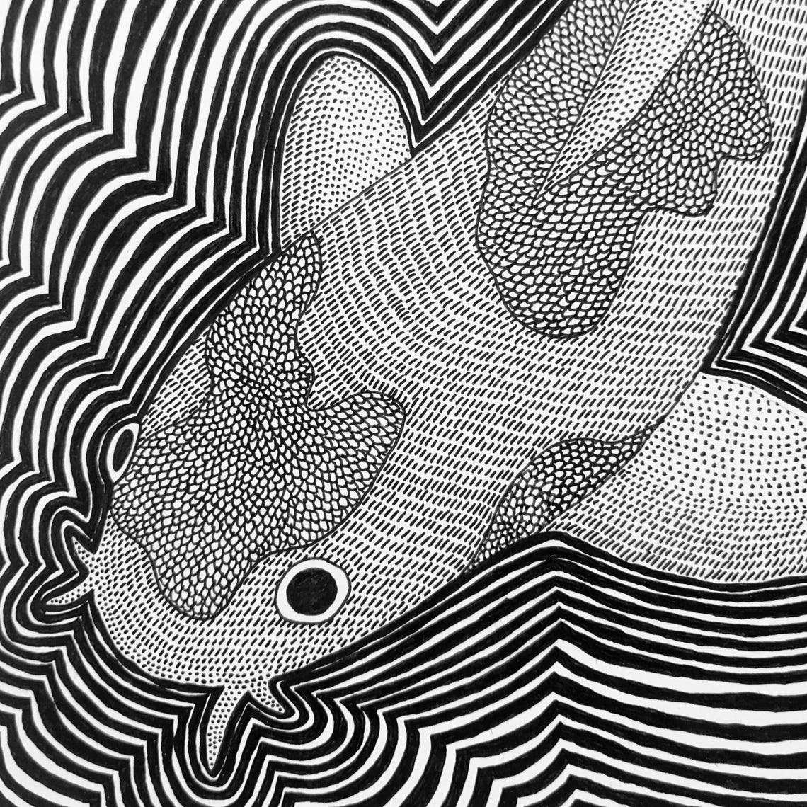 Koi Fish Stipple Art, Abstract Surreal Landscape, Original Ink Drawing ...
