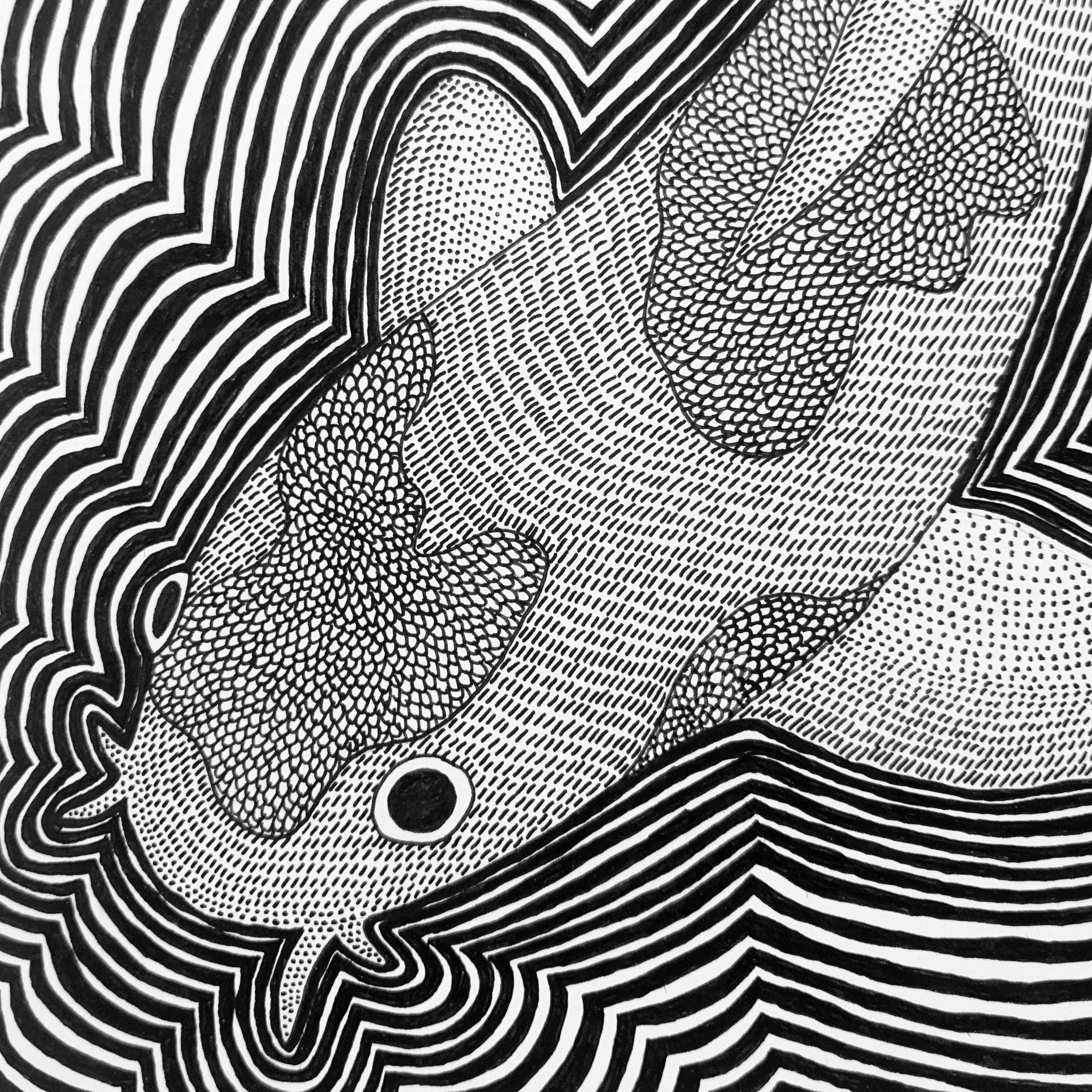 Koi Fish Stipple Art, Abstract Surreal Landscape, Original Ink Drawing ...