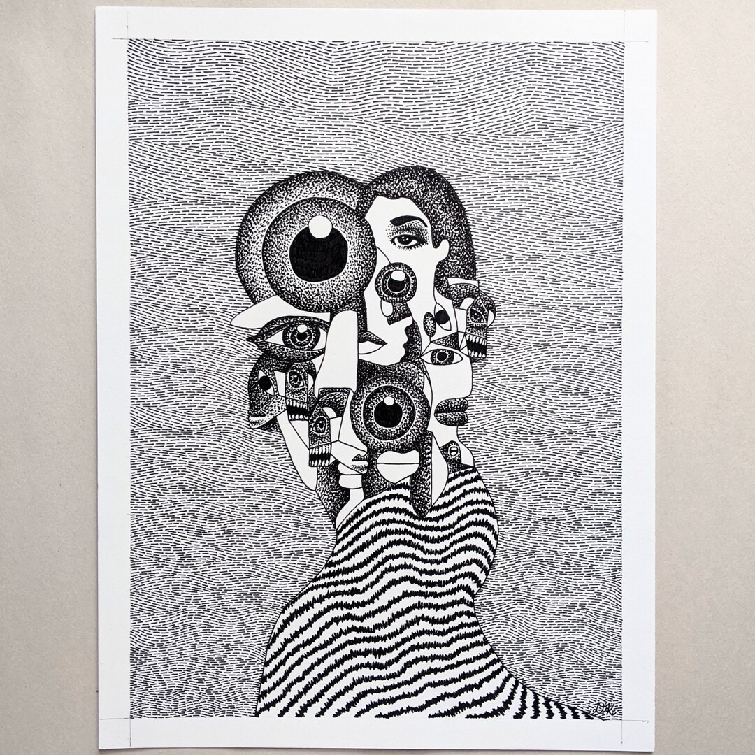 Collage Figure Stipple Portrait, Original Ink Drawing, Unique Abstract ...