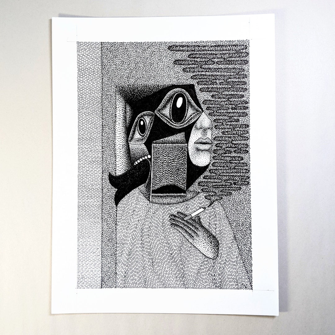 Monster Smoking Picture, Original Ink Drawing, Unique Abstract ...