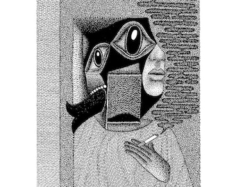 Anime Girl Stipple Art, Abstract Surreal Portrait, Original Ink Drawing ...