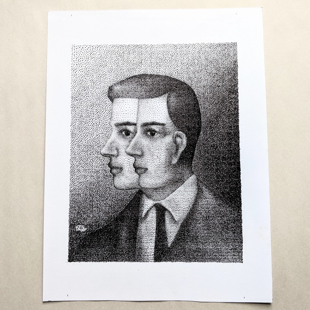Double Face Man Picture, Original Ink Drawing, Unique Abstract ...