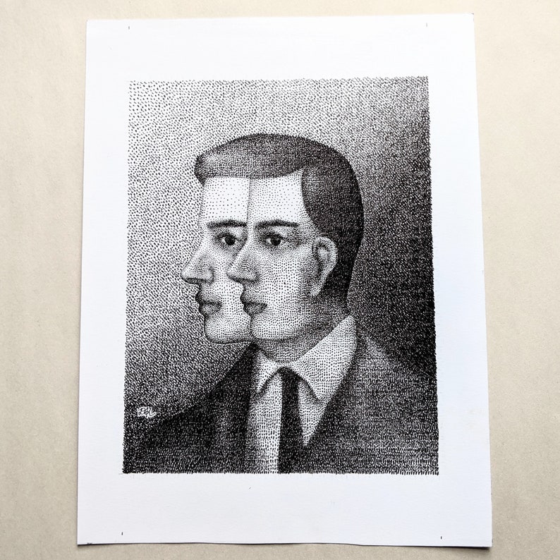 Double Face Man Picture, Original Ink Drawing, Unique Abstract ...
