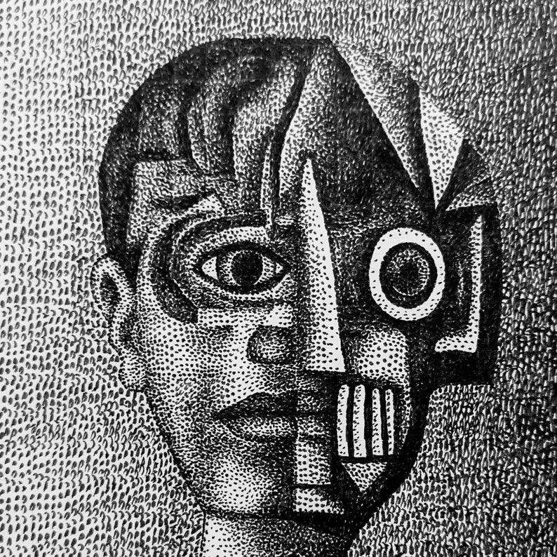 Cubist Man Stipple Portrait, Original Ink Drawing, Unique Abstract ...