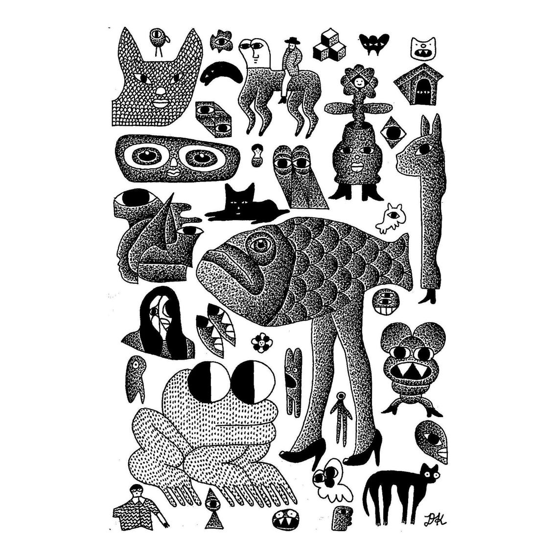 Page of Characters Stipple Art, Abstract Surreal Flash, Original Ink ...