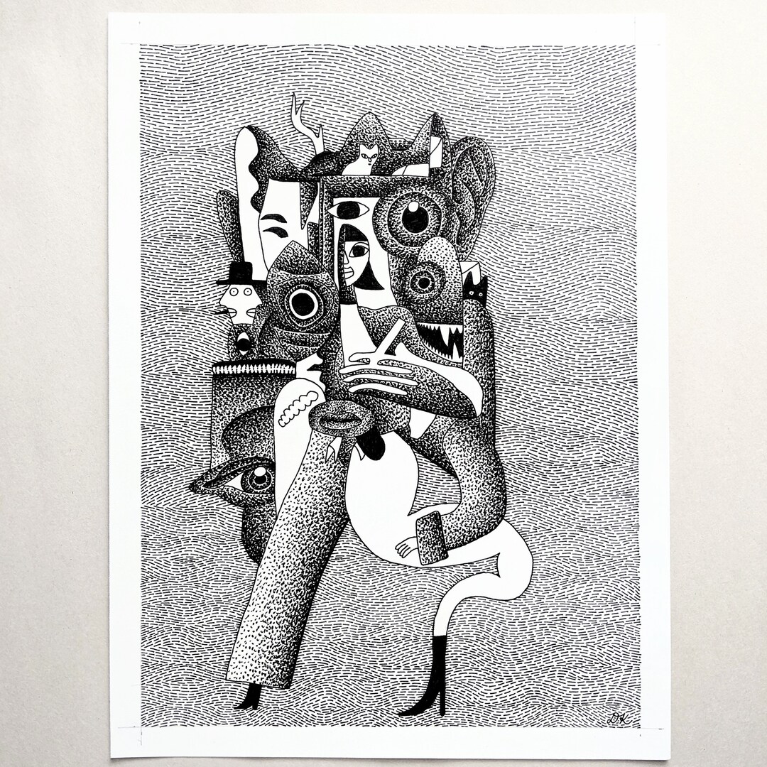 Collage Figure Stipple Portrait, Original Ink Drawing, Unique Abstract ...