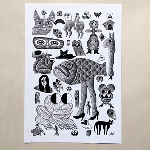 Page of Characters Stipple Art, Abstract Surreal Flash, Original Ink ...