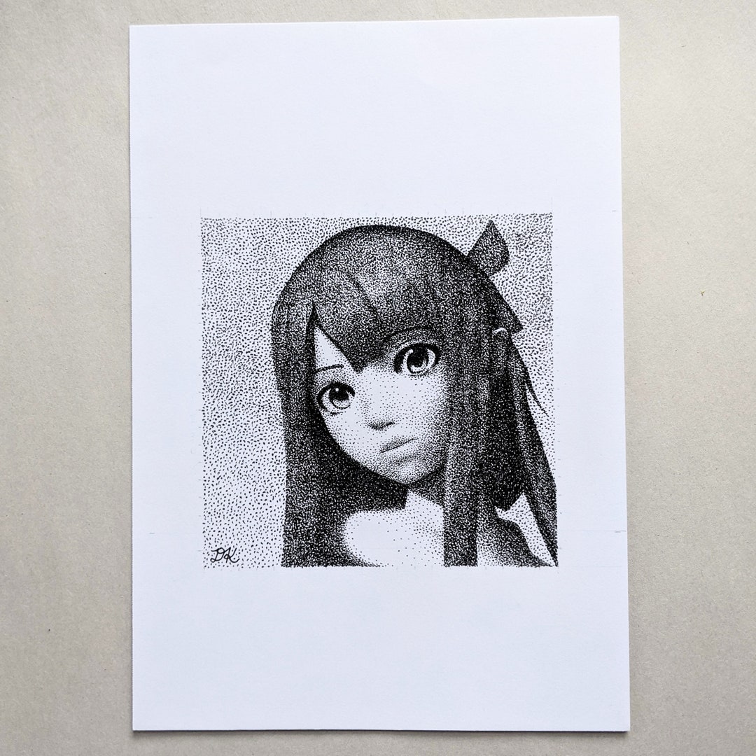 Anime Girl Stipple Portrait, Original Ink Drawing, Unique Pointillist ...