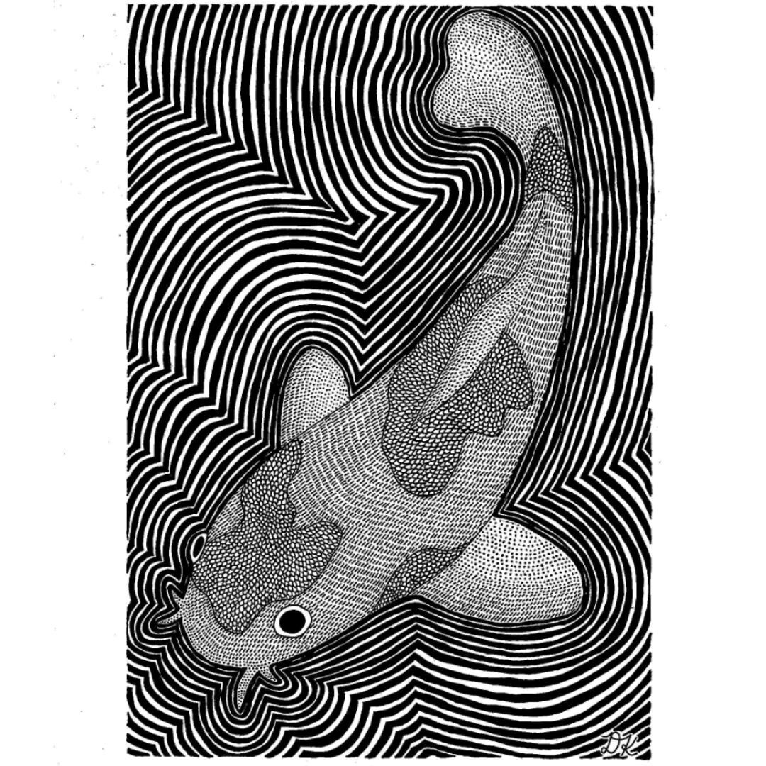 Koi Fish Stipple Art, Abstract Surreal Landscape, Original Ink Drawing ...