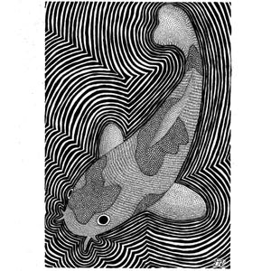 Koi Fish Stipple Art, Abstract Surreal Landscape, Original Ink Drawing ...