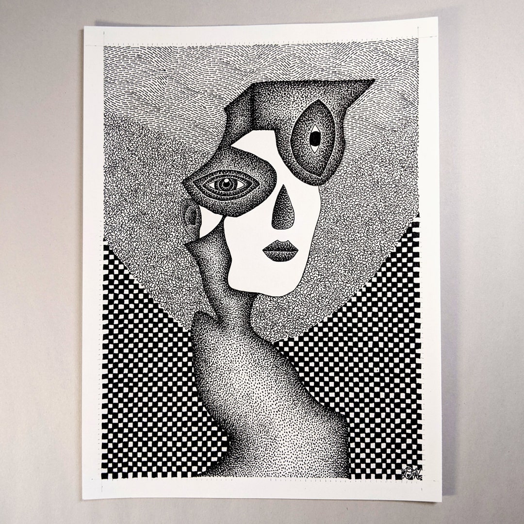 Weird Portrait Picture, Original Ink Drawing, Unique Abstract Character ...