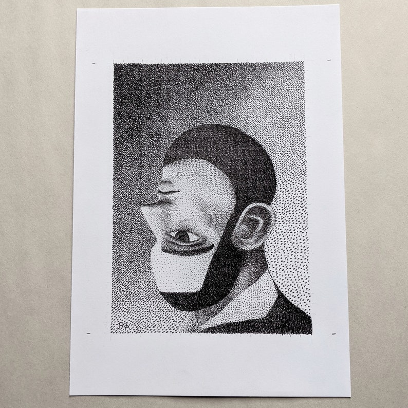 Upsidedown Face Stipple Portrait, Original Ink Drawing, Unique Abstract ...