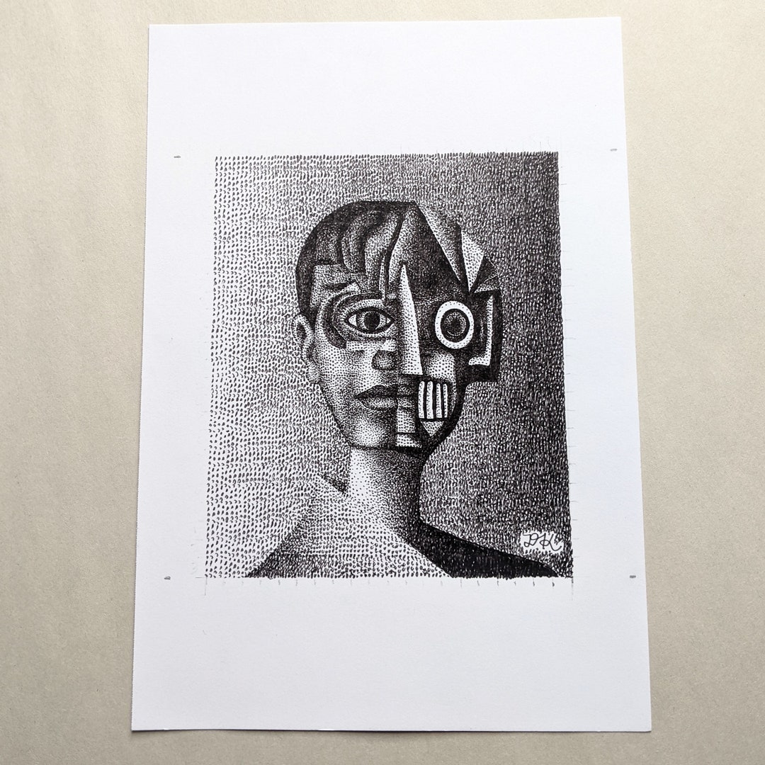 Cubist Man Stipple Portrait, Original Ink Drawing, Unique Abstract ...
