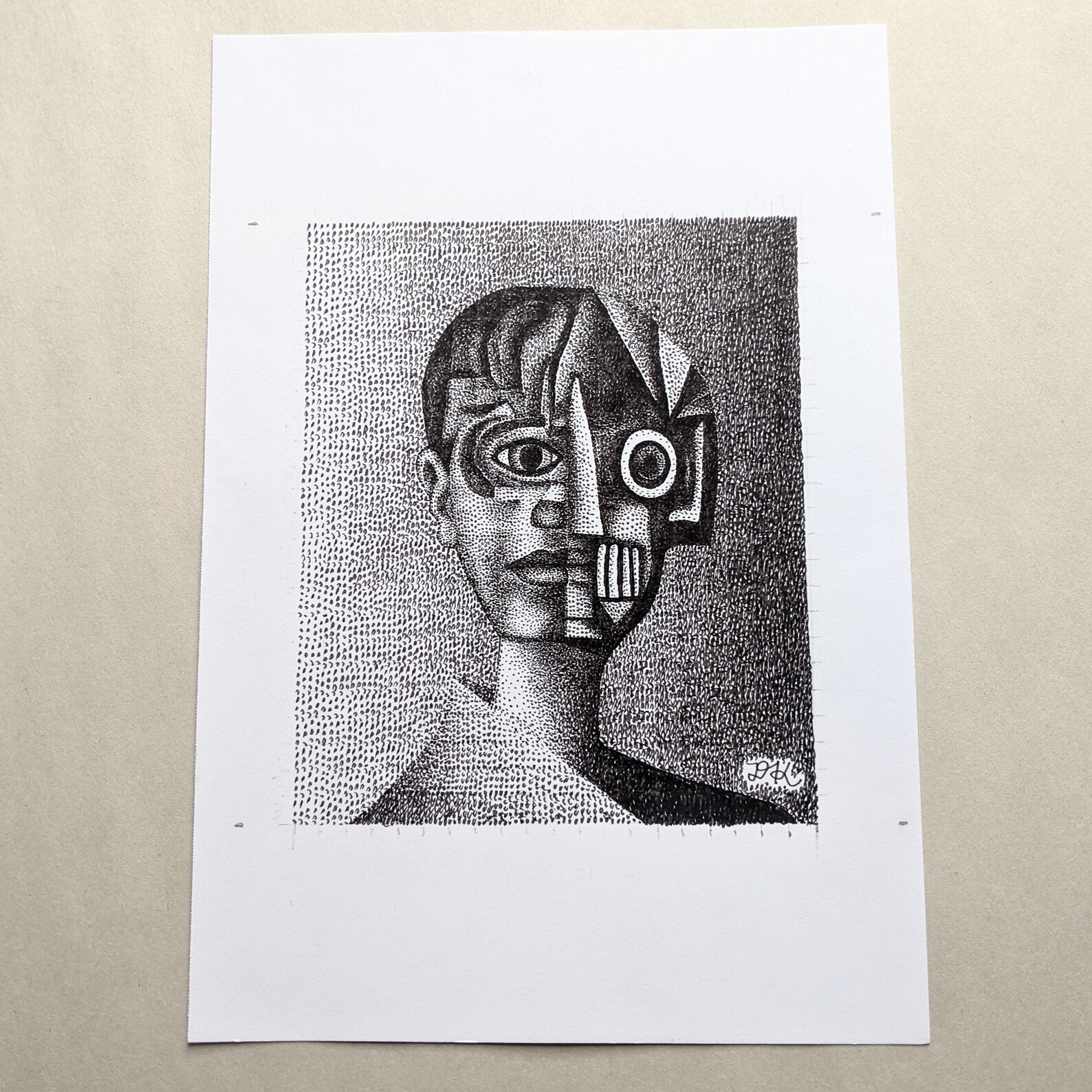 Cubist Man Stipple Portrait, Original Ink Drawing, Unique Abstract ...