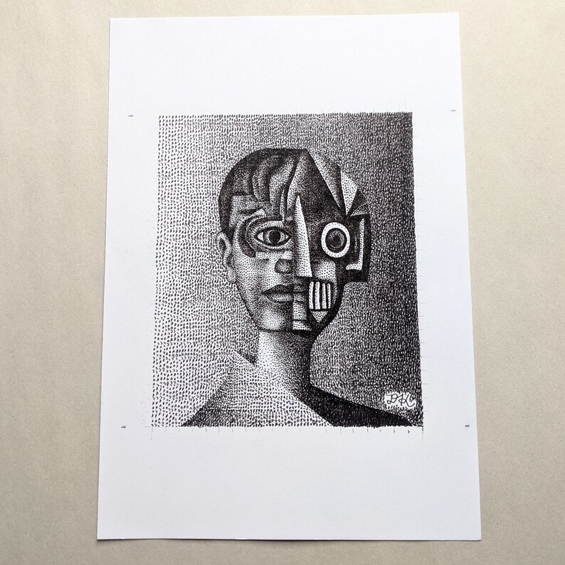 Cubist Man Stipple Portrait, Original Ink Drawing, Unique Abstract ...
