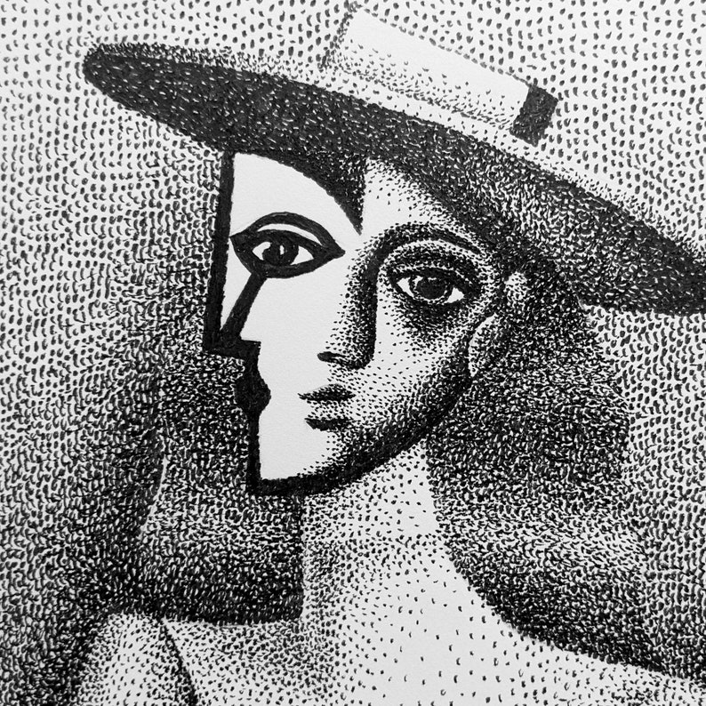 Cubist Woman Stipple Portrait, Original Ink Drawing, Unique Abstract ...