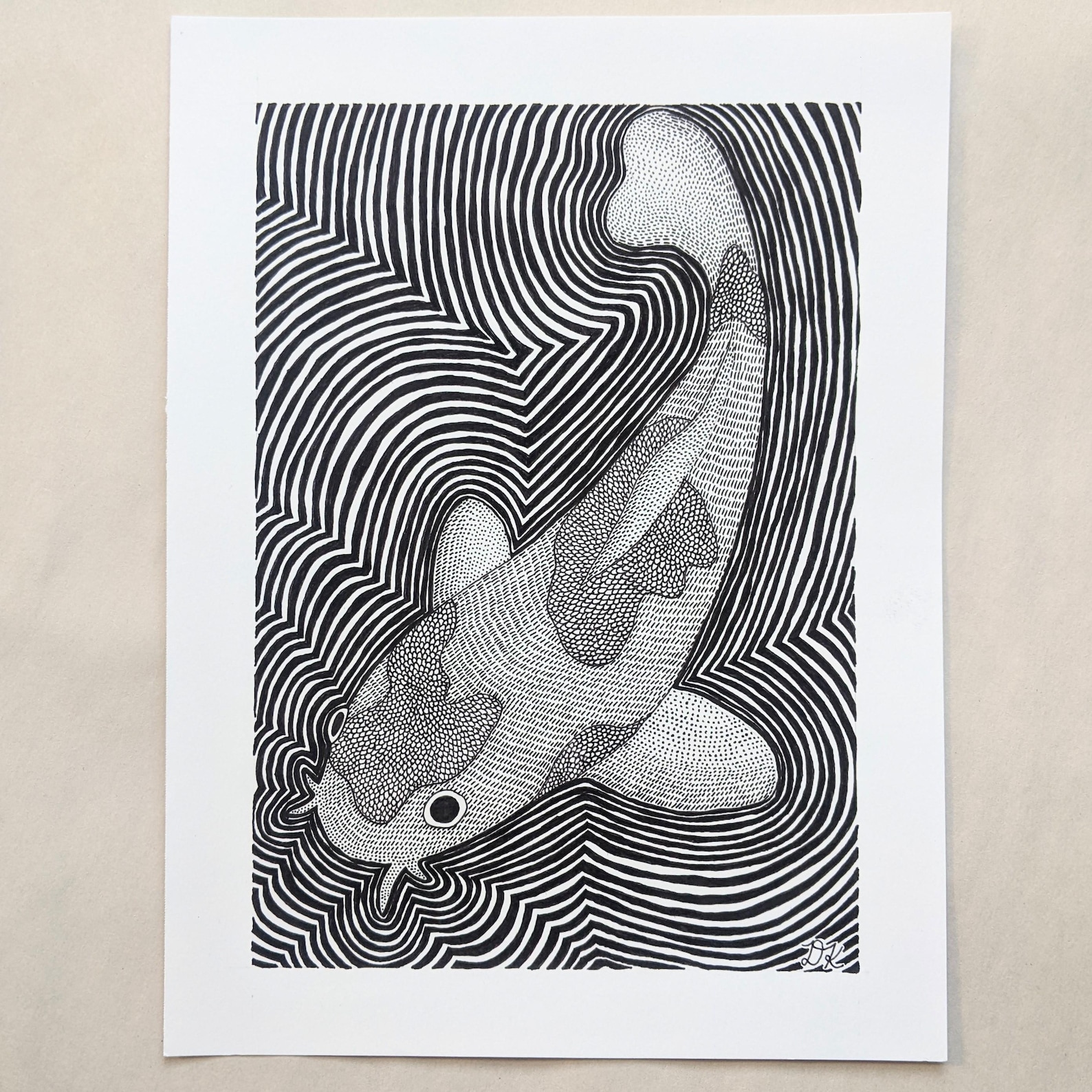 Koi Fish Stipple Art, Abstract Surreal Landscape, Original Ink Drawing ...