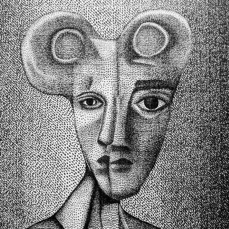 Portrait Stipple Picture, Original Ink Drawing, Unique Abstract ...