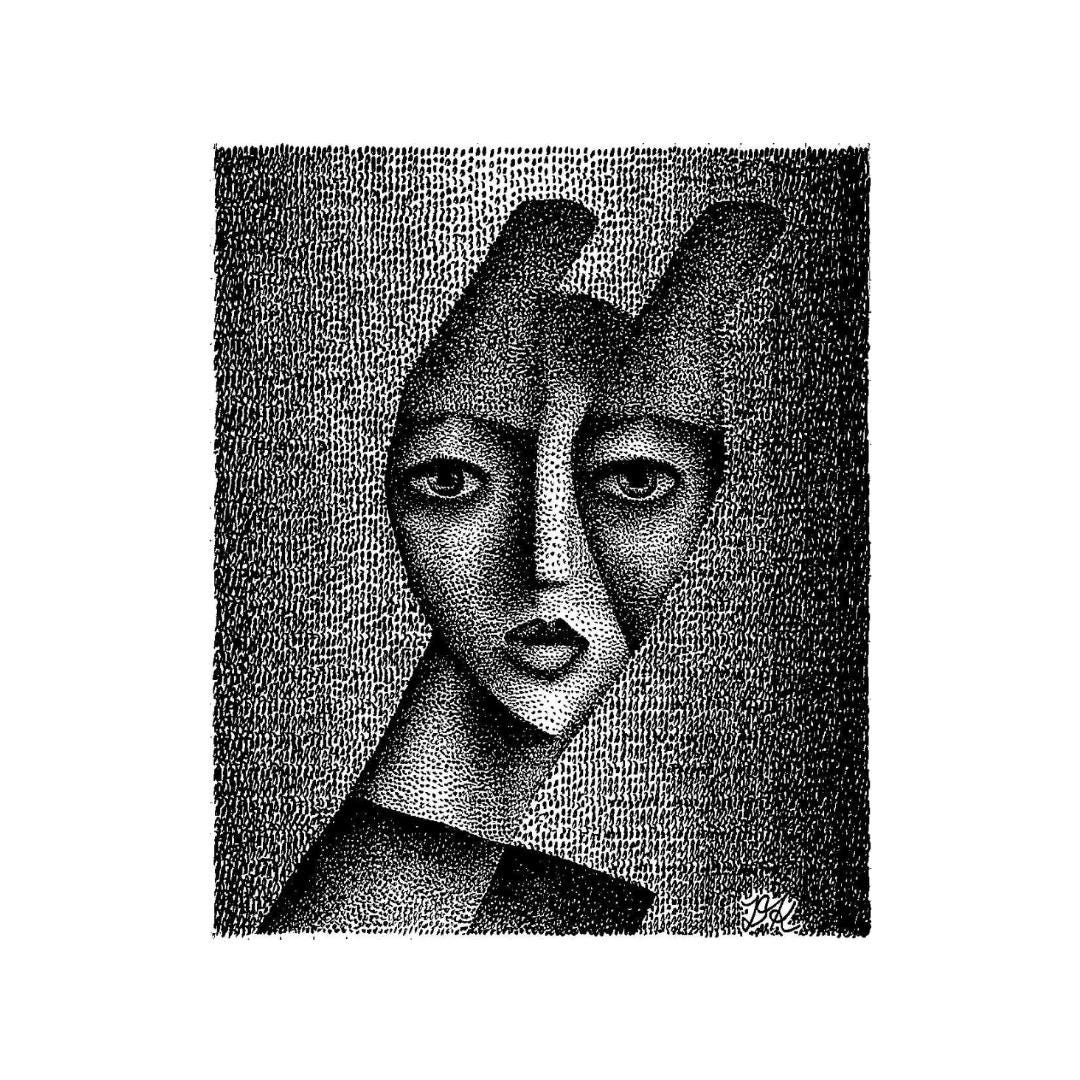 Bunny Woman Stipple Art, Abstract Cubist Portrait, Original Ink Drawing ...
