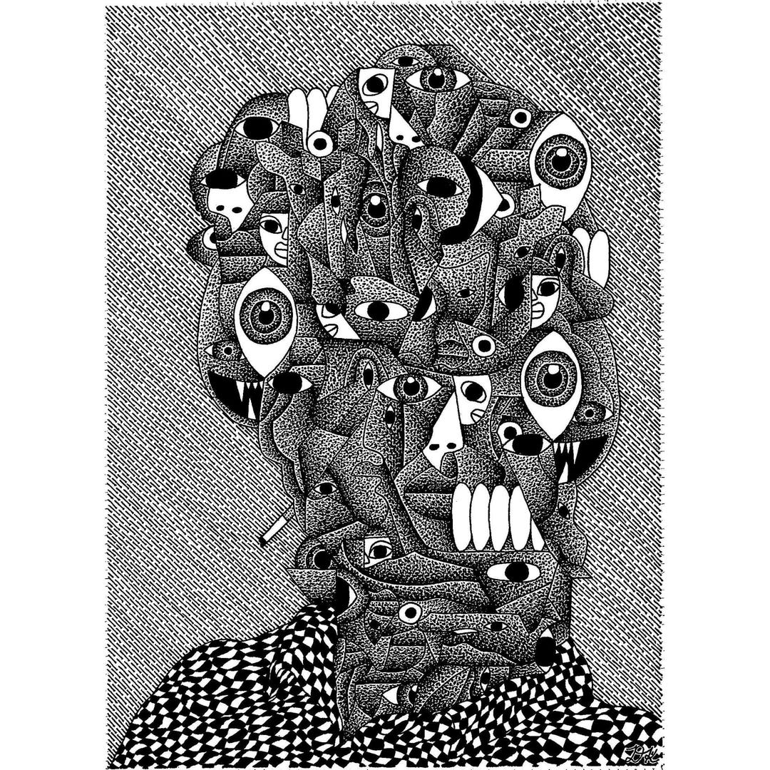 Original Patchwork Portrait Ink Drawing, Trippy Funky Art (9x12) - Etsy
