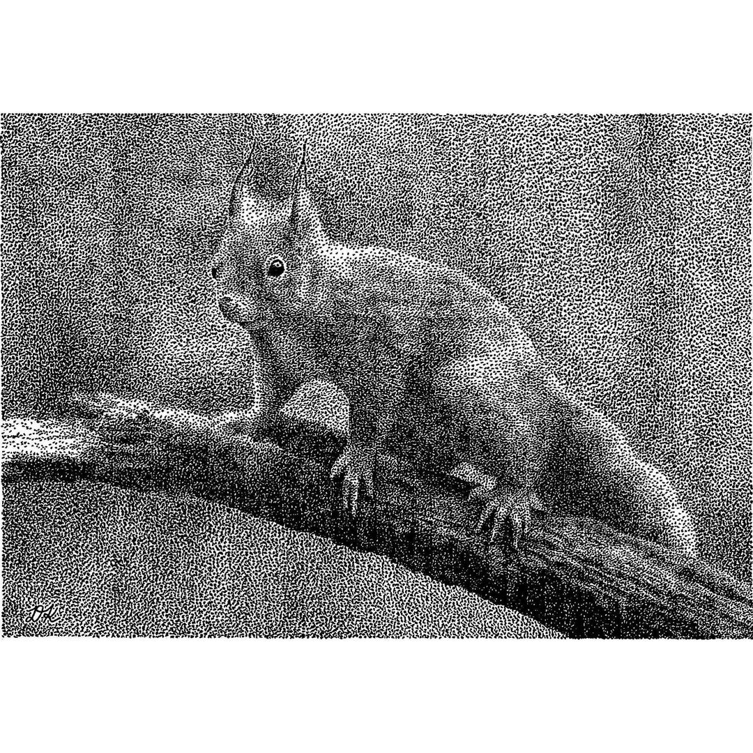 Squirrel Tree Stipple Art, Realistic Abstract Squirrel, Original Ink Drawing, Pointillism Dot ...