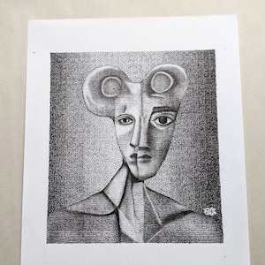 Portrait Stipple Picture, Original Ink Drawing, Unique Abstract ...