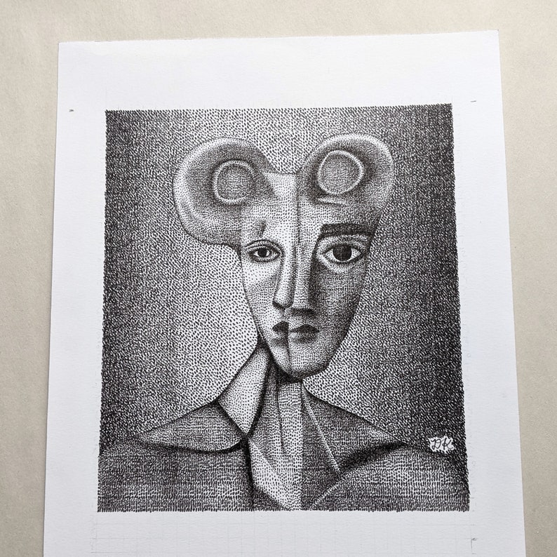 Portrait Stipple Picture, Original Ink Drawing, Unique Abstract ...