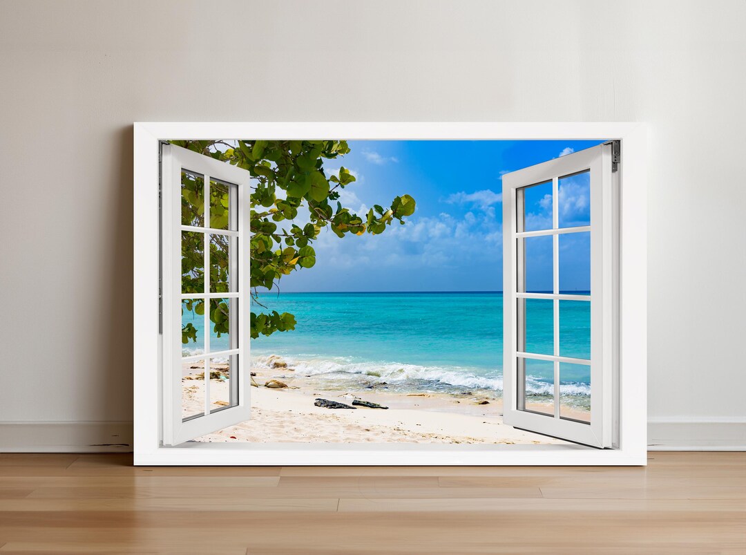 Beach Window Canvas Wall Art, Tropical Ocean View Print, Coastal Decor ...