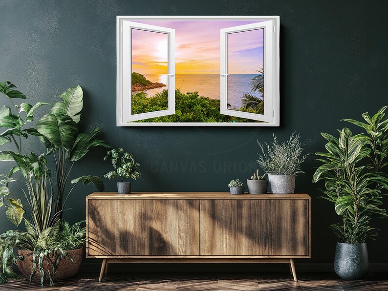 Tropical Ocean Sunset Wall Art, Open Window Beach View Canvas Print ...