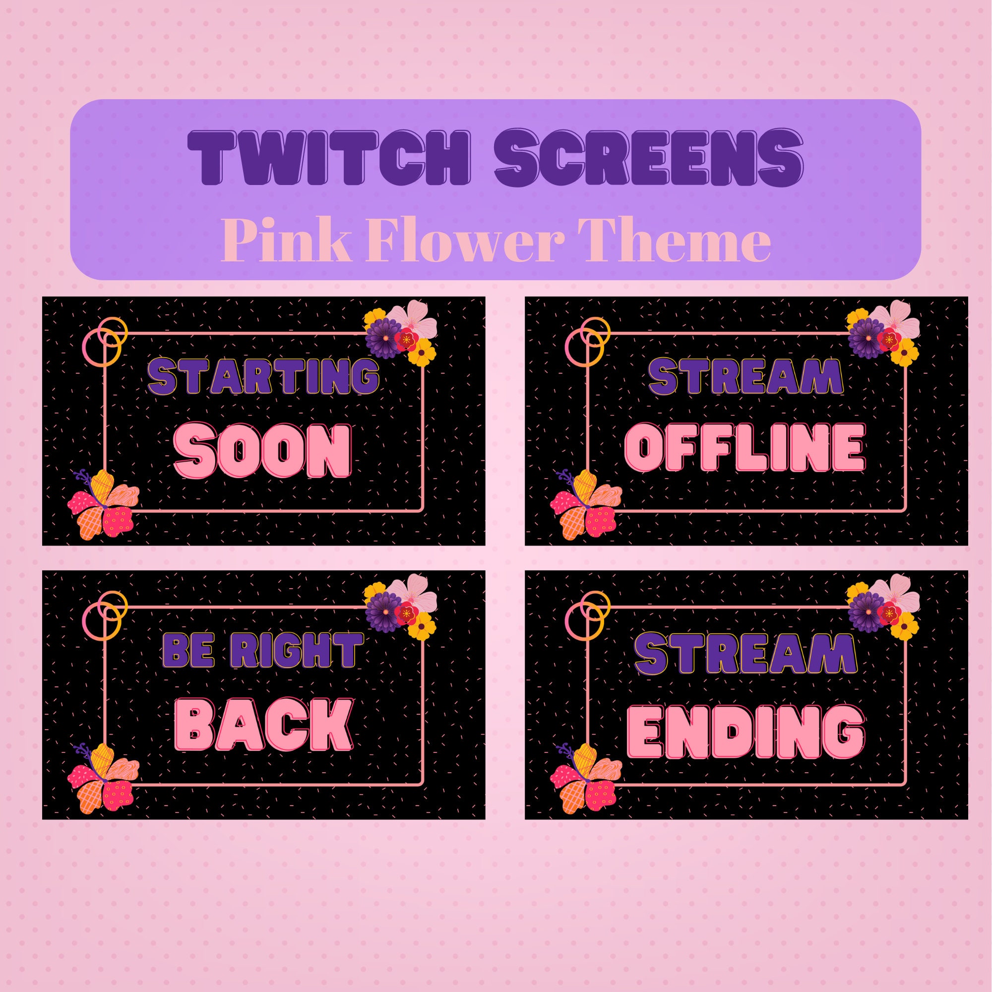 Twitch Pink Flower Stream Package (includes 4 Screens, 20 Panels, and 4 ...
