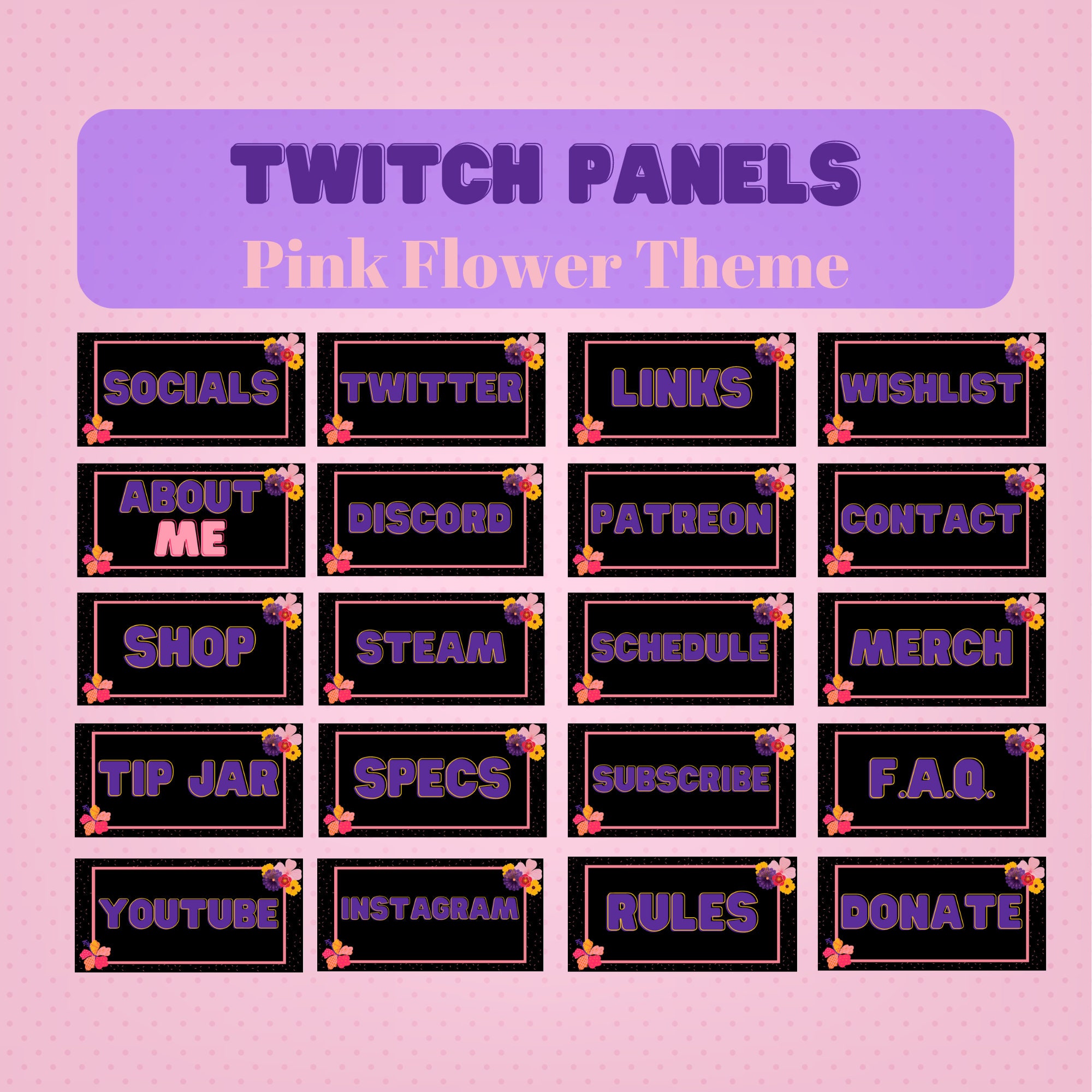 Twitch Pink Flower Stream Package includes 4 Screens, 20 Panels, and 4 ...