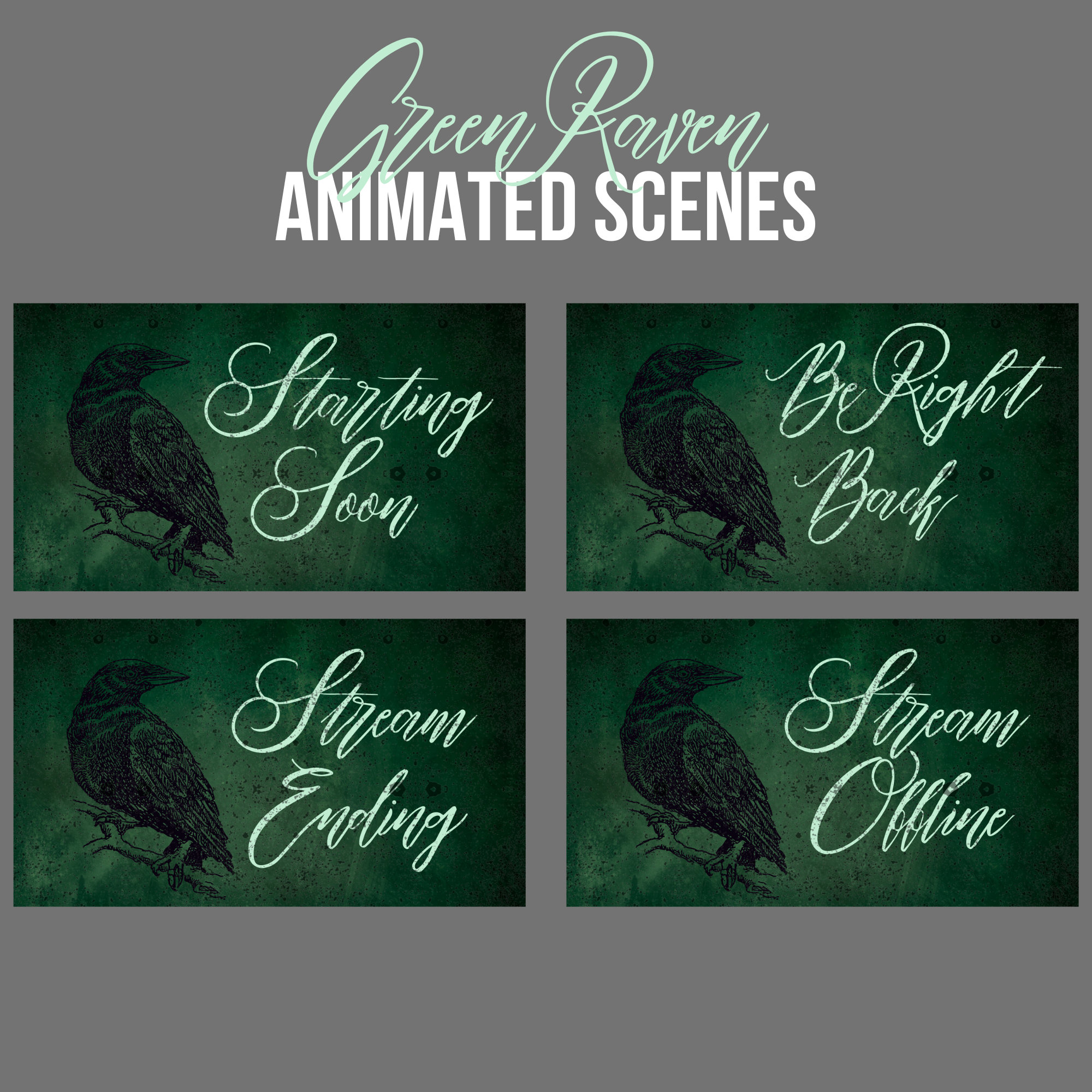 Twitch Animated Green Raven Stream Package (includes, 4 Animated/static ...