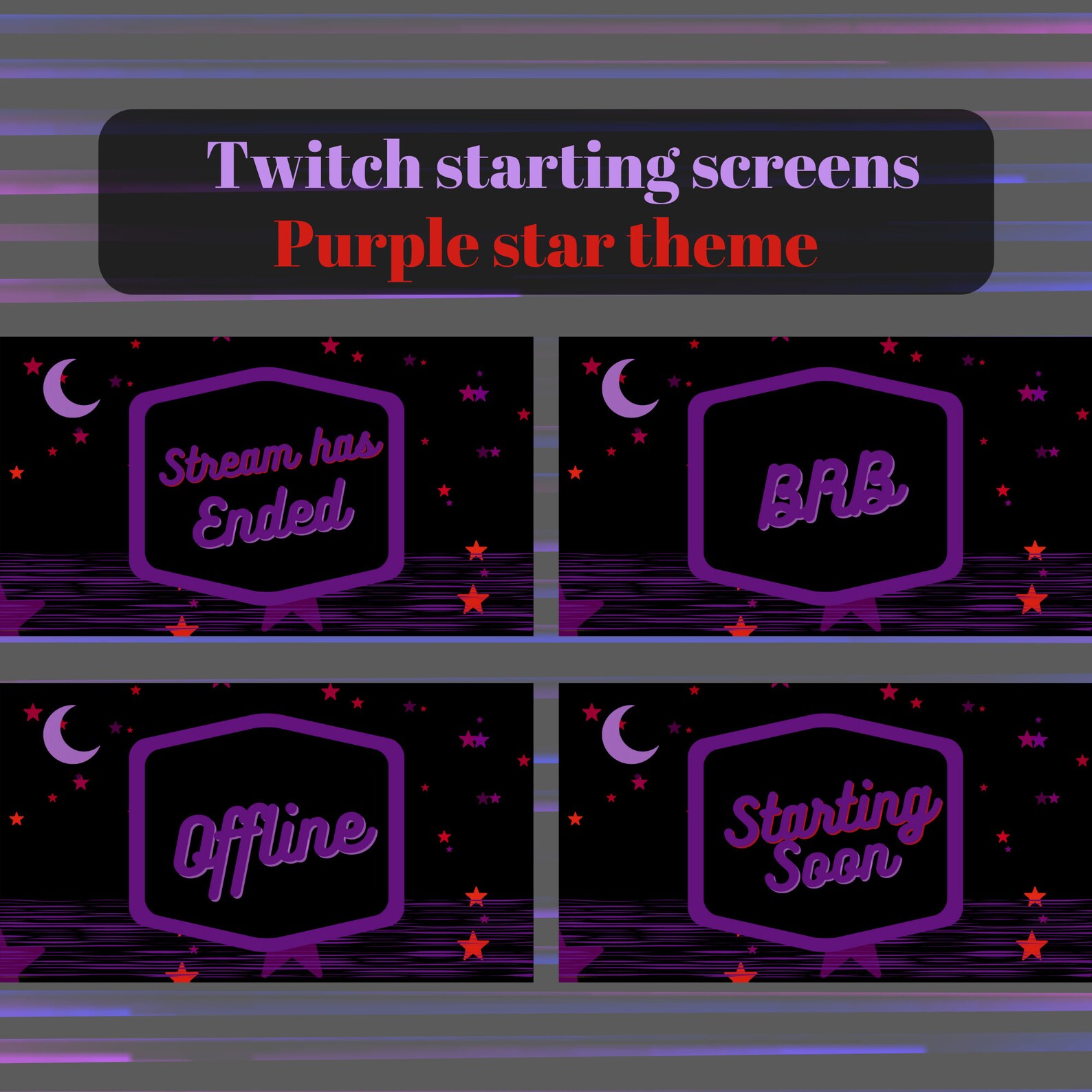 Animated Twitch Purple Star Screens, Starting Soon, BRB, Stream Offline ...