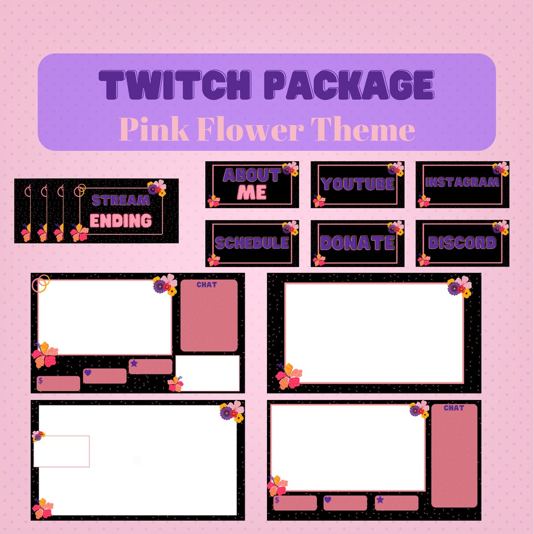 Twitch Pink Flower Stream Package (includes 4 Screens, 20 Panels, and 4 ...