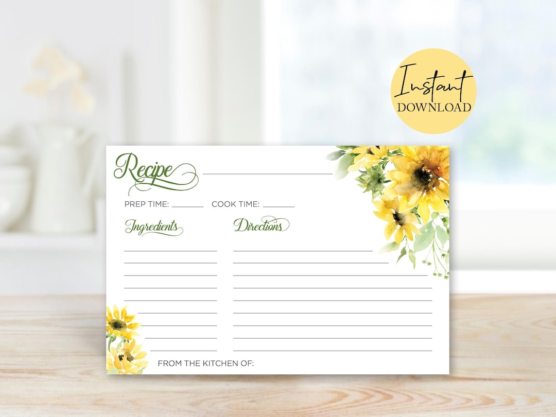 Sunflower Recipe Card 4x6, Printable Recipe Card, Instant Download ...