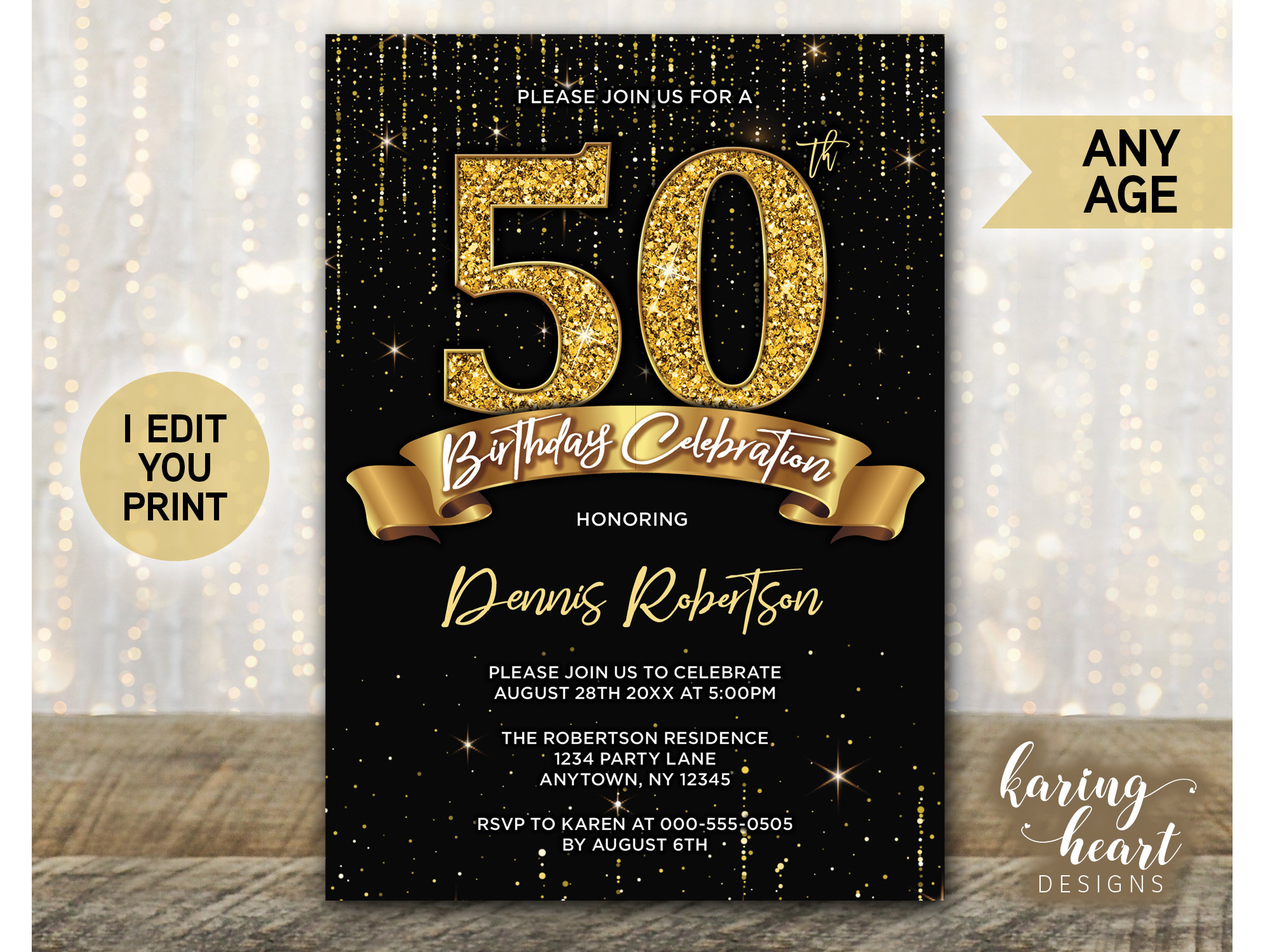 50th Birthday Invitation | Adult Men Birthday Invite | Black & Gold ...