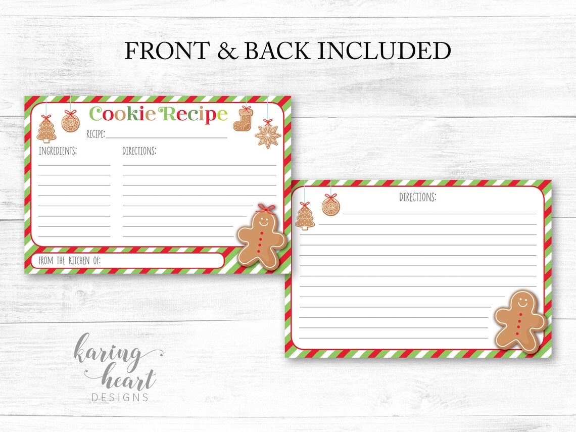 Christmas Cookie Recipe Card 4x6, Gingerbread Man, Printable Recipe ...